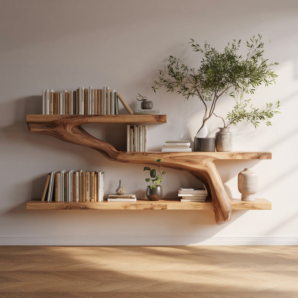 Wandplank van Boomtak met Leefrand – Handgemaakte Massief Houten Zweve